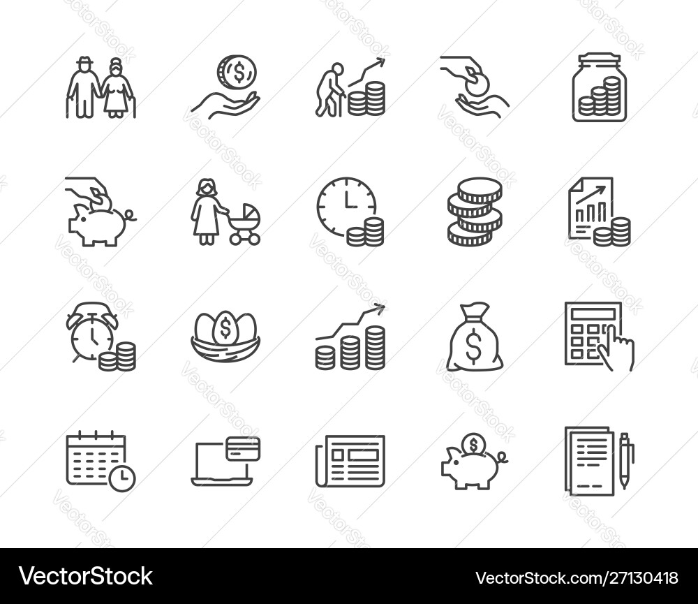 Retirement plan flat line icons set pension Vector Image