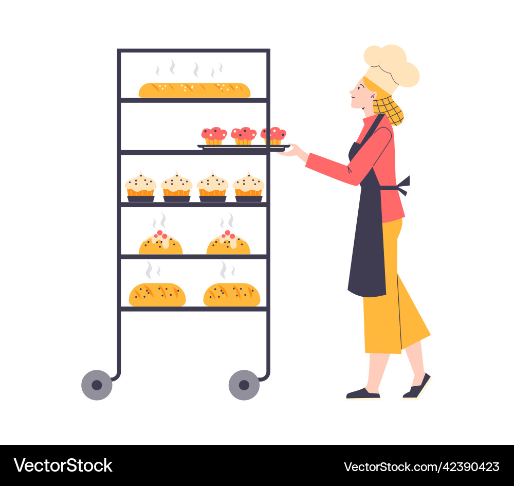 Baker or bakery sales person puts bread out Vector Image
