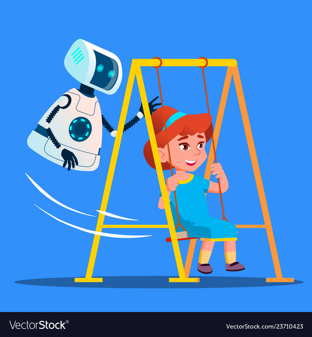 Robot swinging little girl on swing playground Vector Image