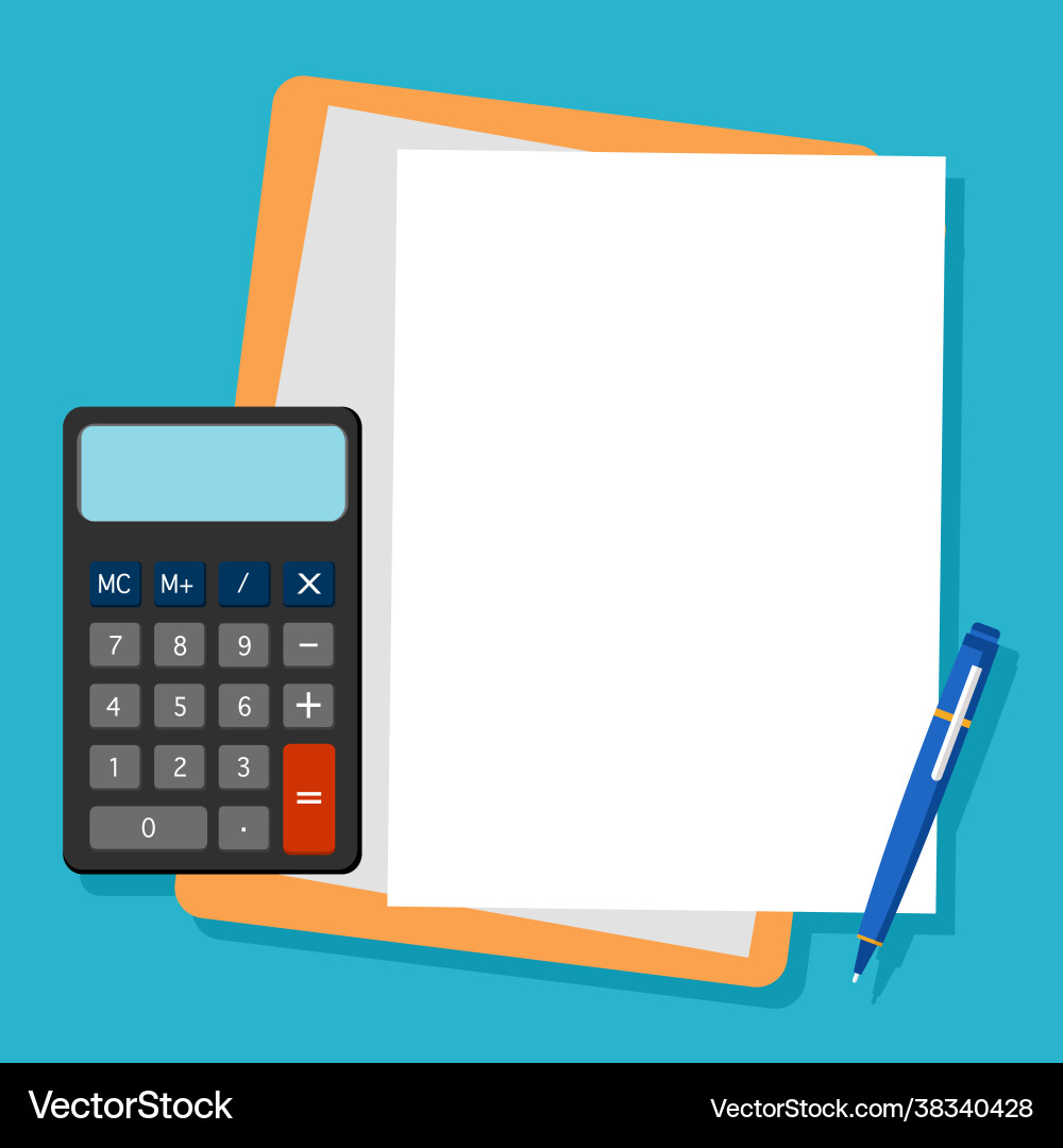 Calculator and pen with blank paper Royalty Free Vector
