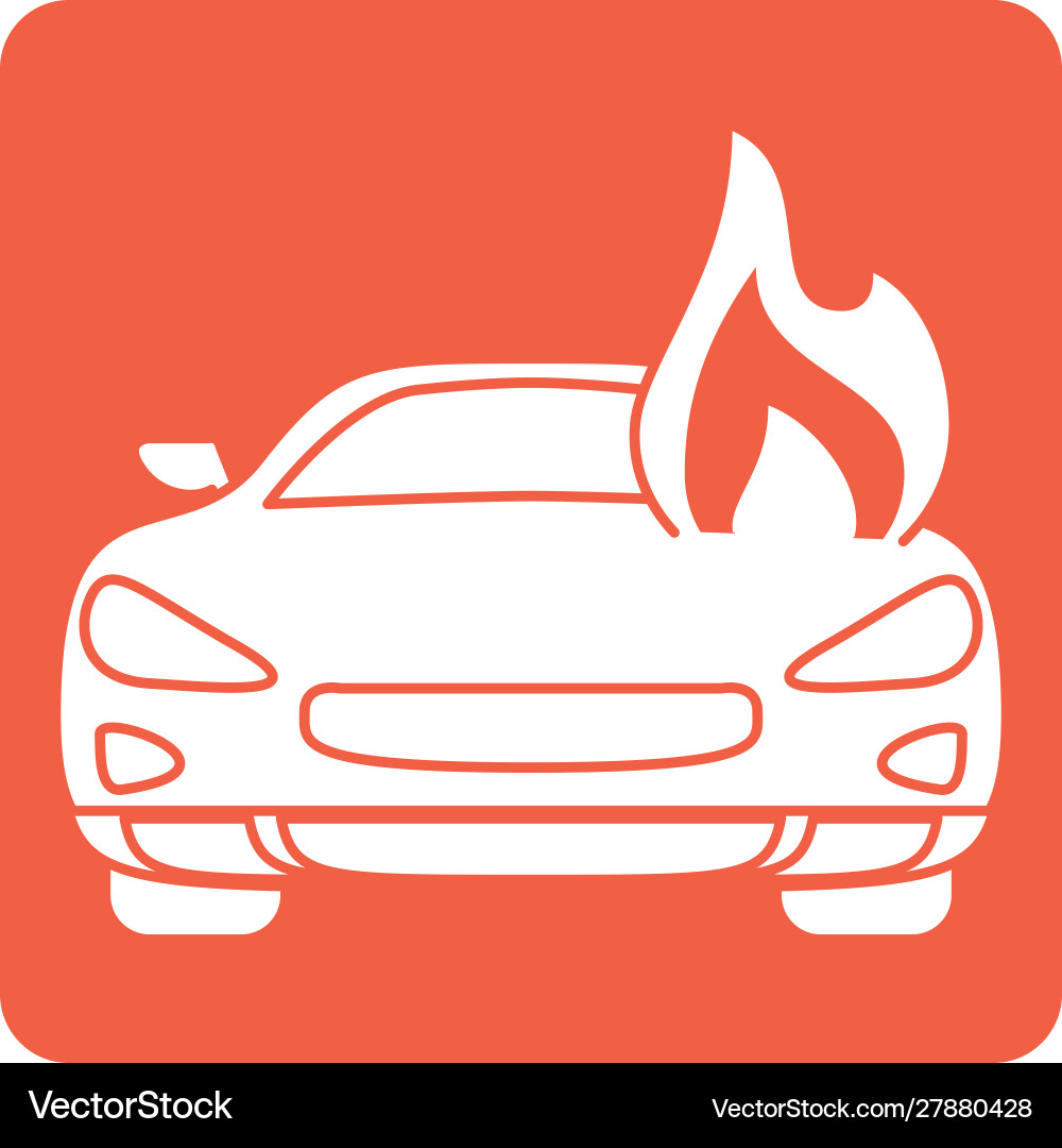 Car burning with fire flames block line style icon