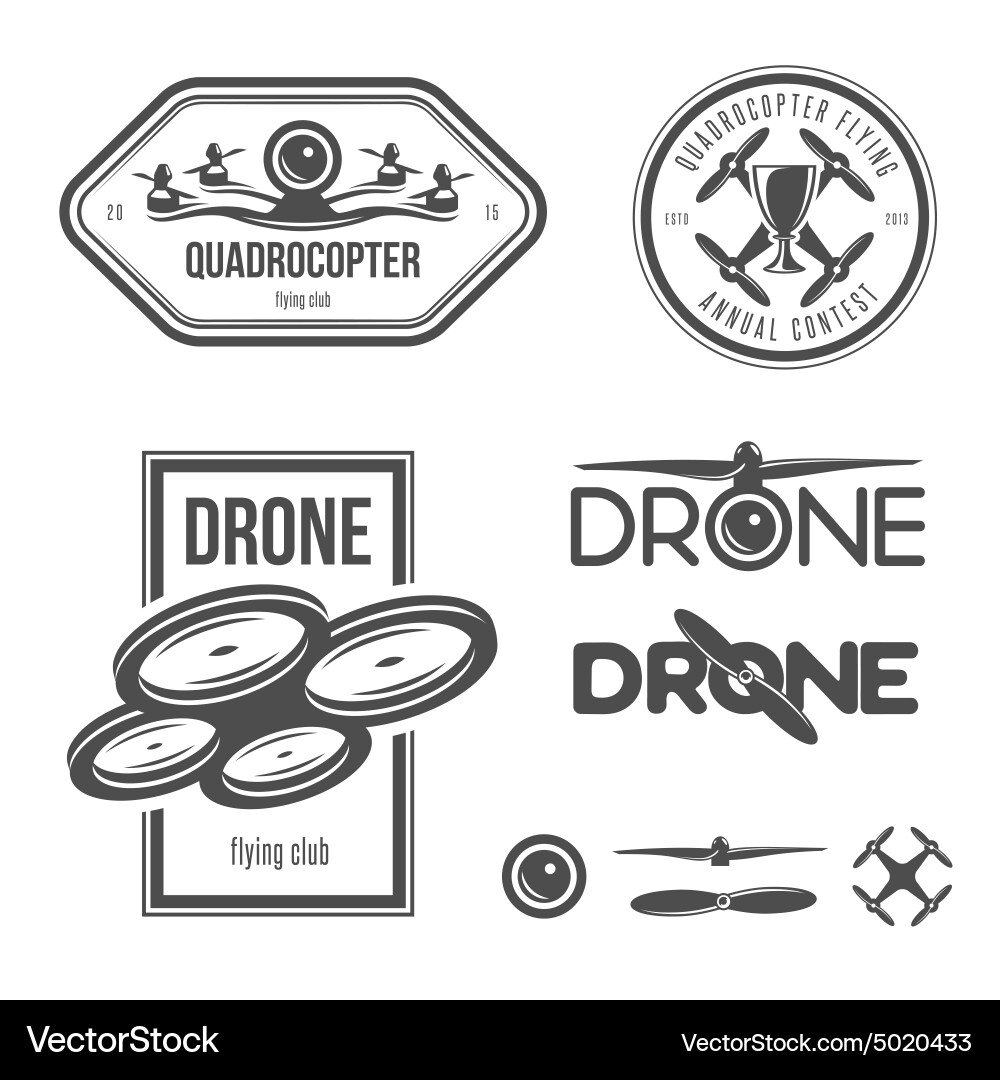 Set drone flying club labels badges Royalty Free Vector
