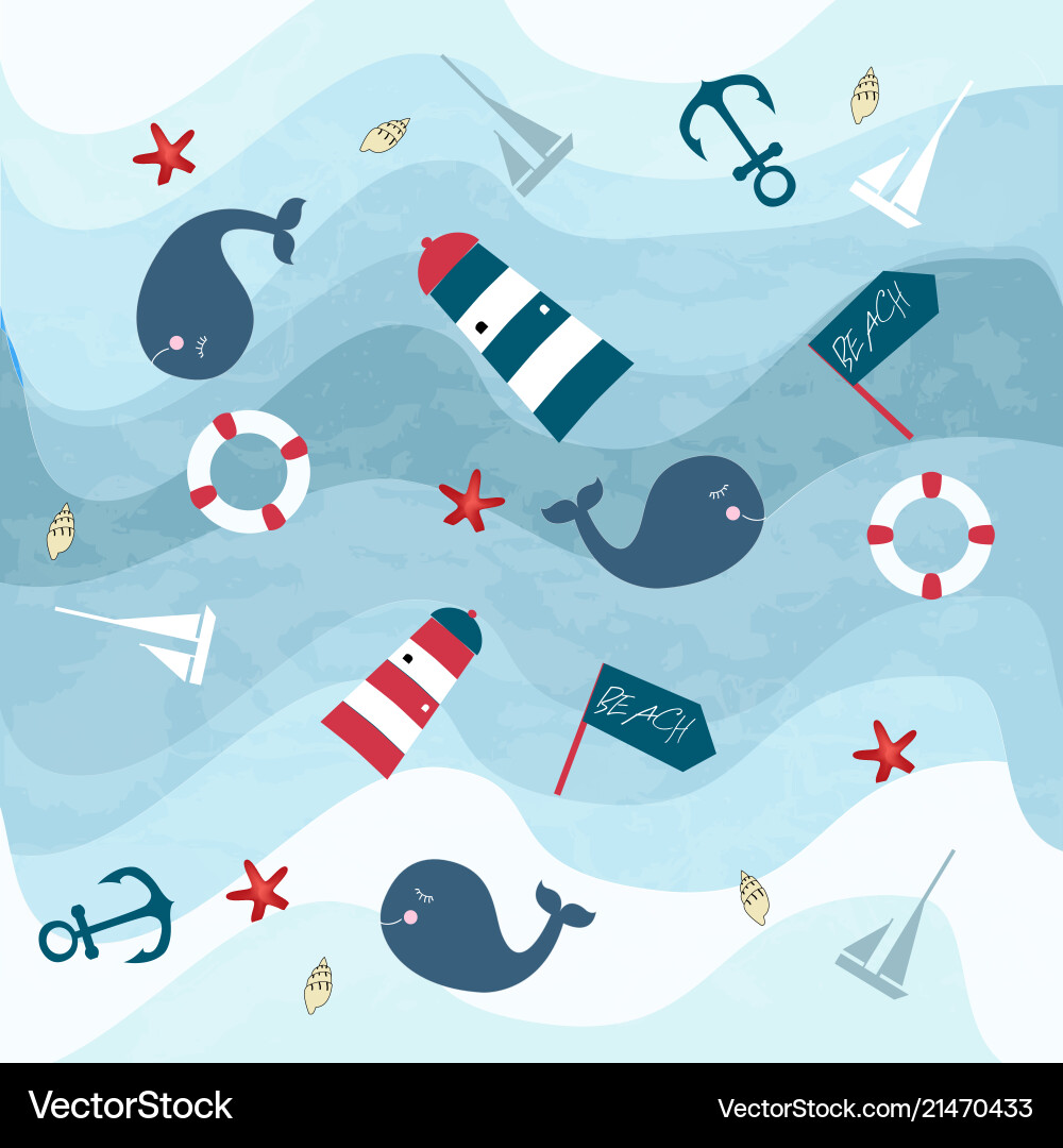 Summer blue ocean items and whale under water Vector Image