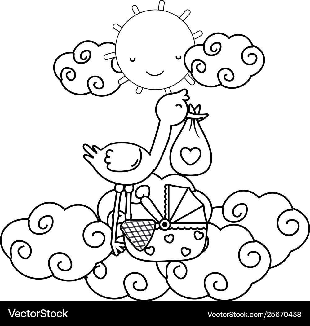 Stork with cradle in black and white Royalty Free Vector
