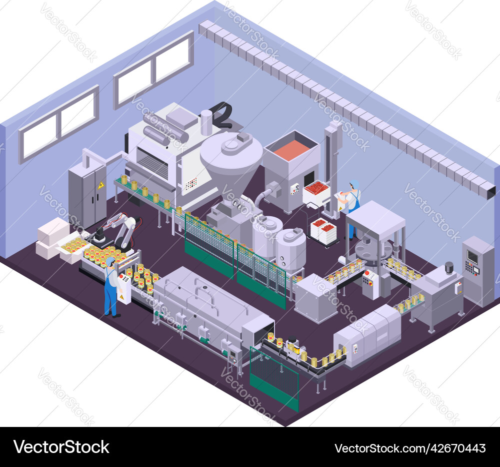Canned food factory composition Royalty Free Vector Image