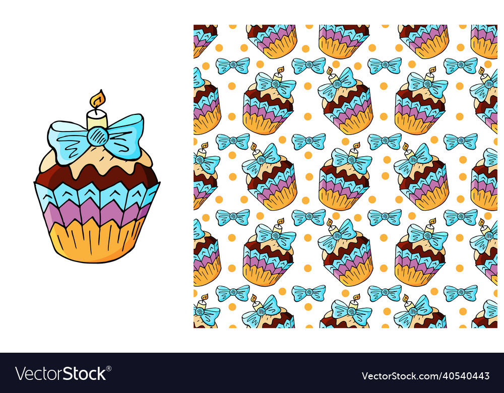 Cupcake muffin set of element and seamless pattern