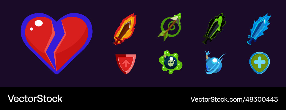 Mobile game assets with sword arrow heart bomb Vector Image