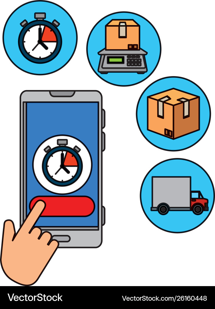 Hand using smartphone with delivery app and icons Vector Image