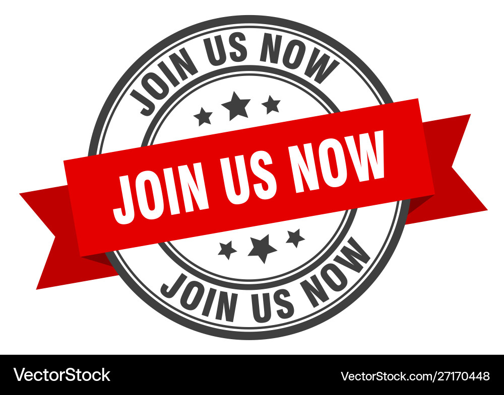 Join us now label red band sign Royalty Free Vector Image