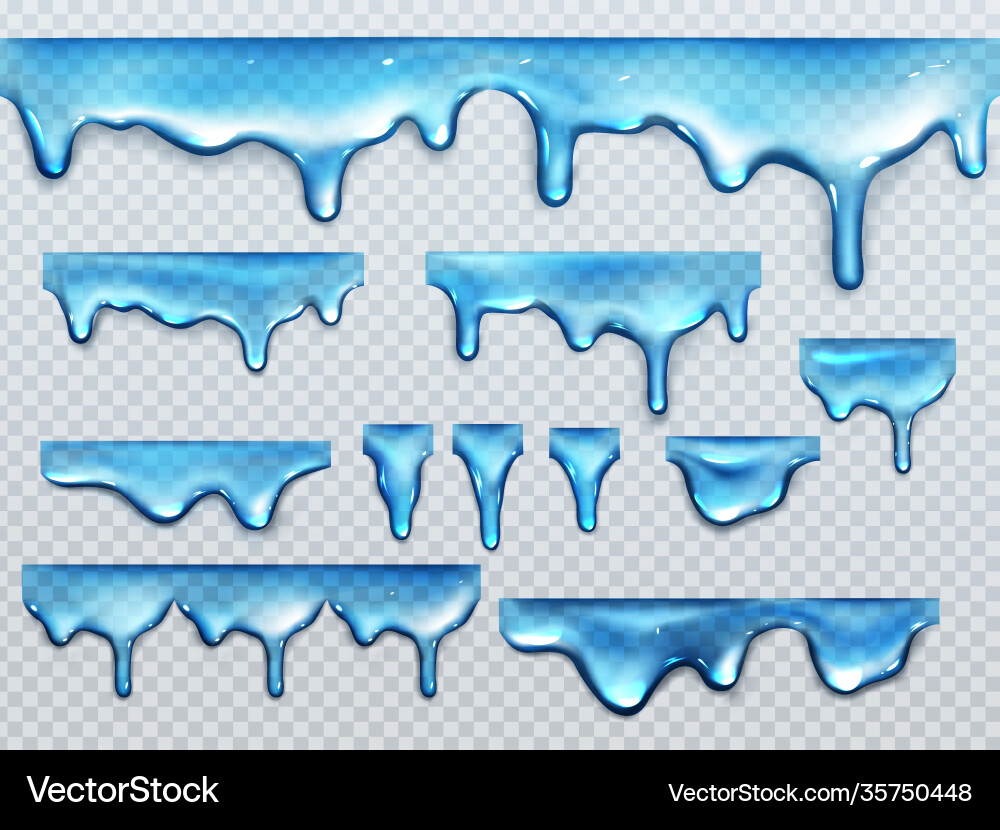 Realistic set dripping blue pure water Royalty Free Vector