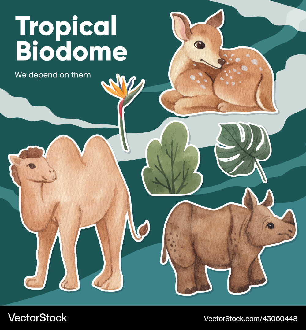 Sticker template with tropical wildlife Royalty Free Vector