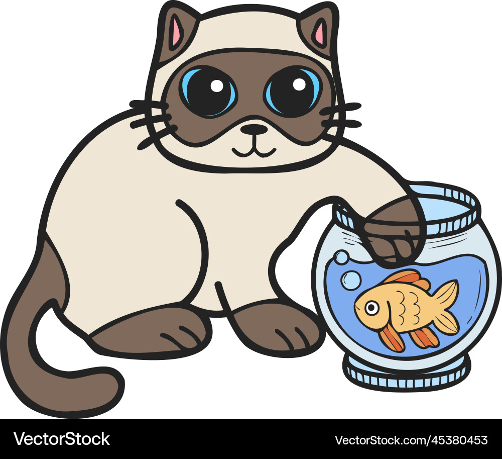 Hand drawn cat playing with fish in doodle style Vector Image