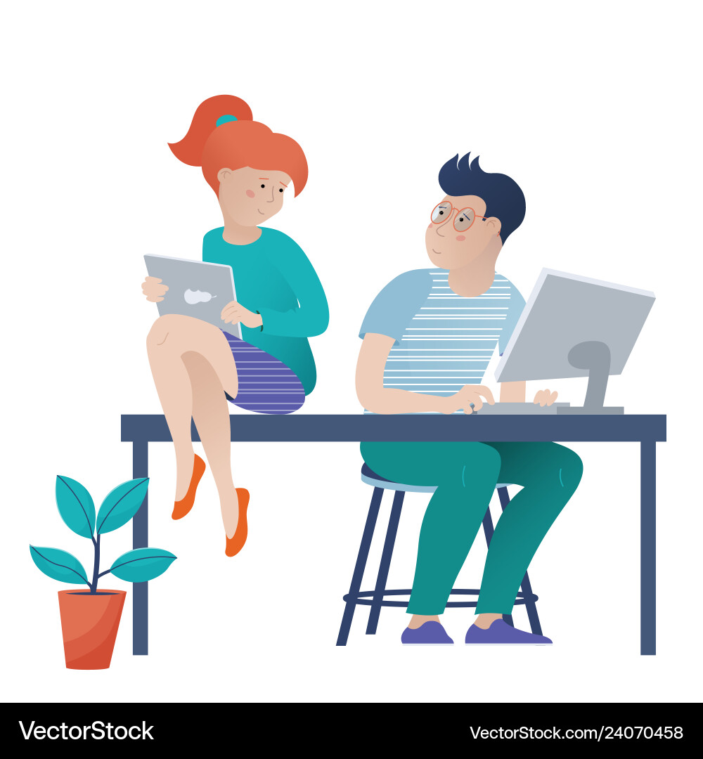Girl with a tablet and boy working on computer Vector Image