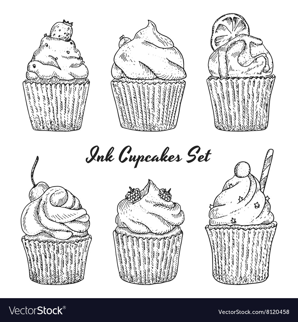 Ink hand drawn cupcakes set isolated Royalty Free Vector