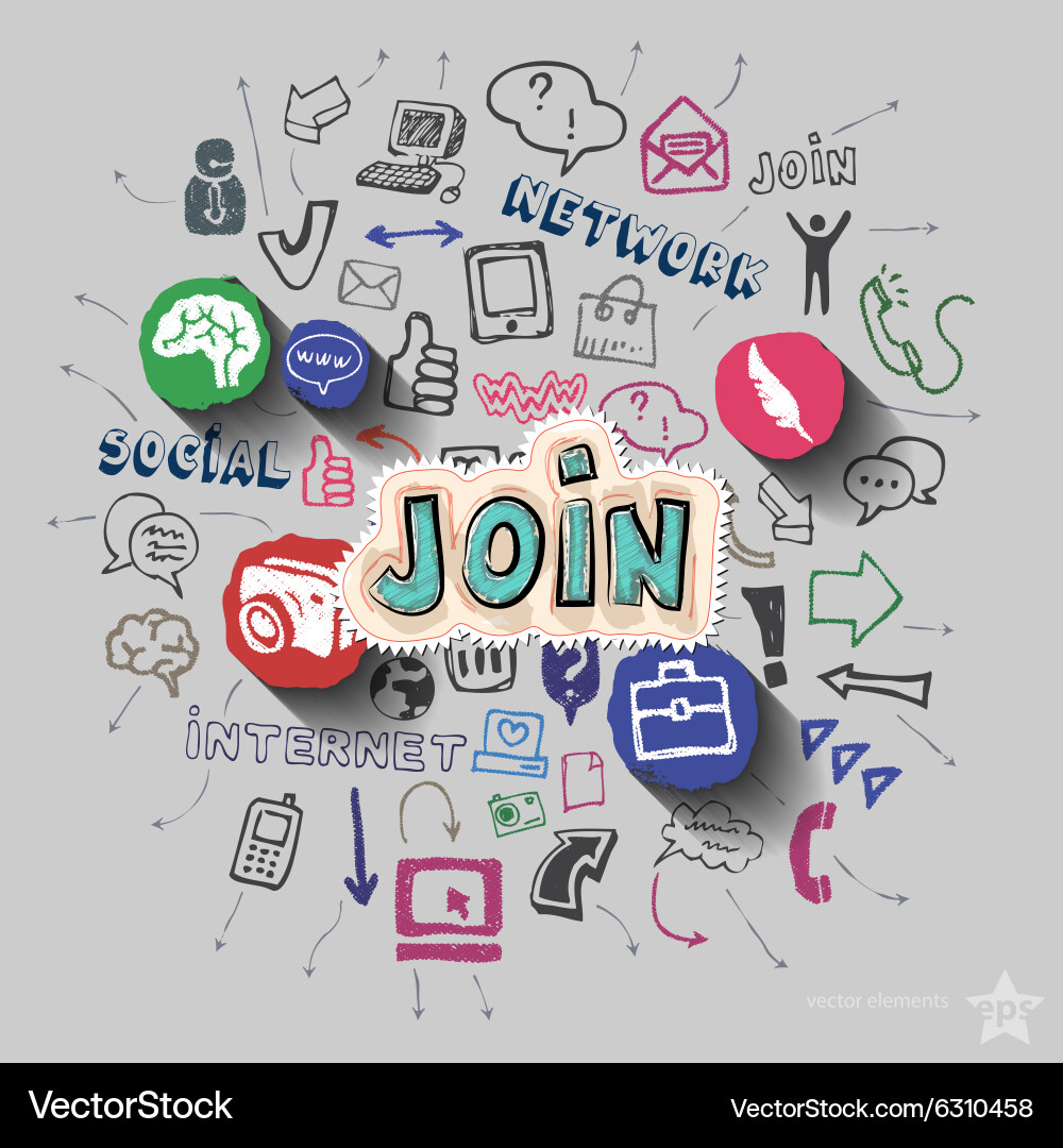 Join sign and collage with web icons background Vector Image