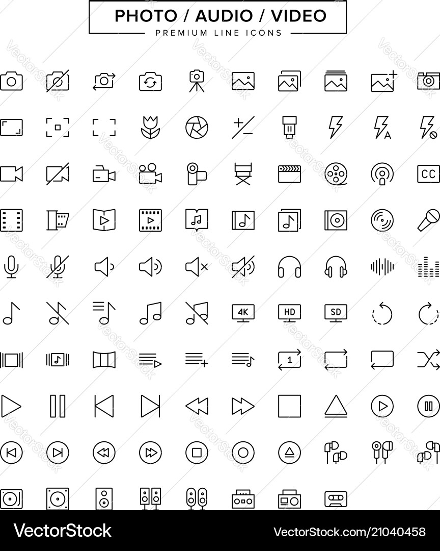Photo audio video line icon set Royalty Free Vector Image