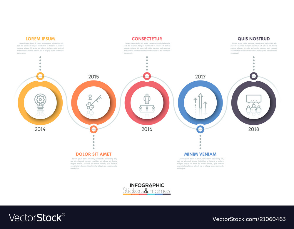Horizontal timeline with 5 circular elements thin Vector Image