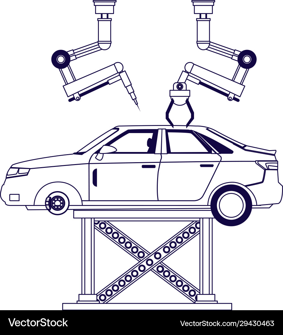 Robotic arms working on lifted car flat design Vector Image