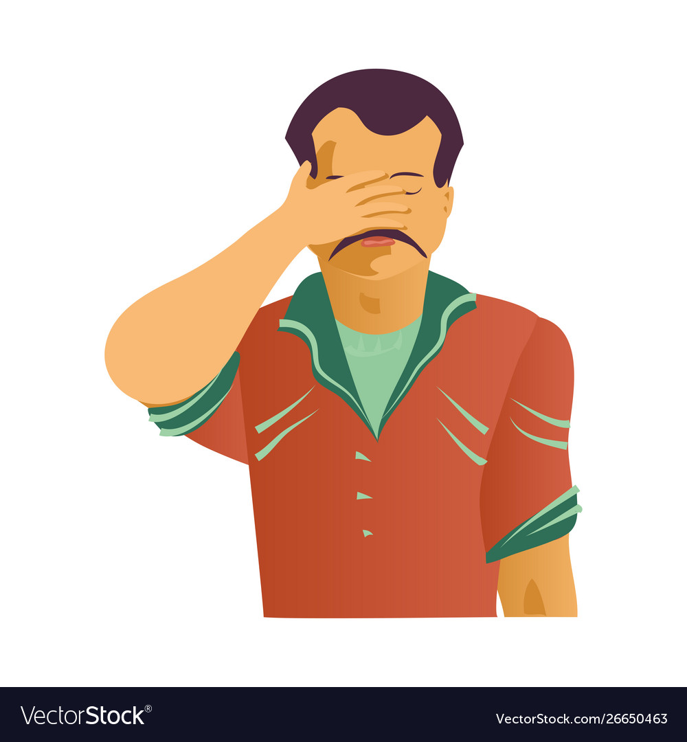 Worker man with mustache cover his face hand Vector Image