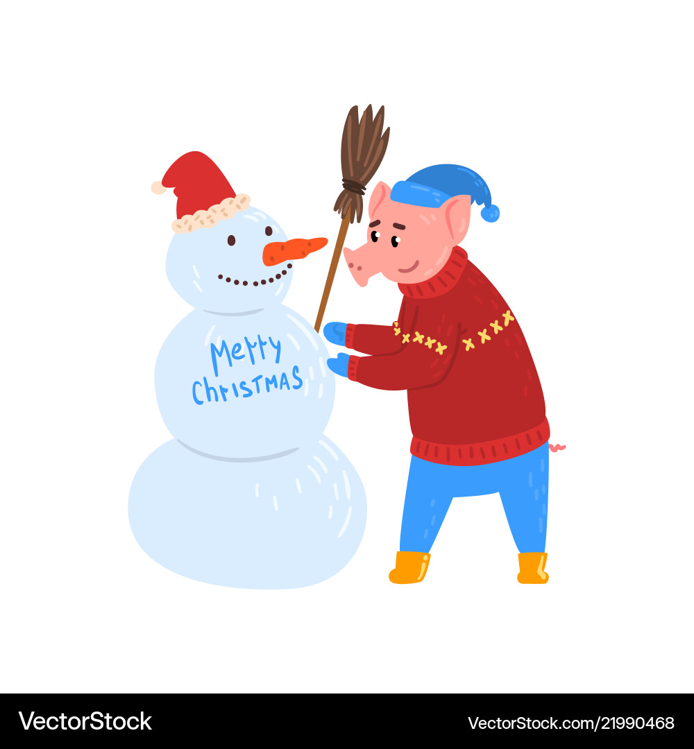 Cute pig character making snowman piggy character Vector Image