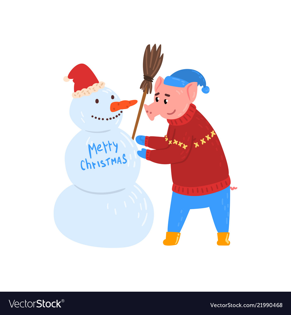 Cute pig character making snowman piggy Royalty Free Vector