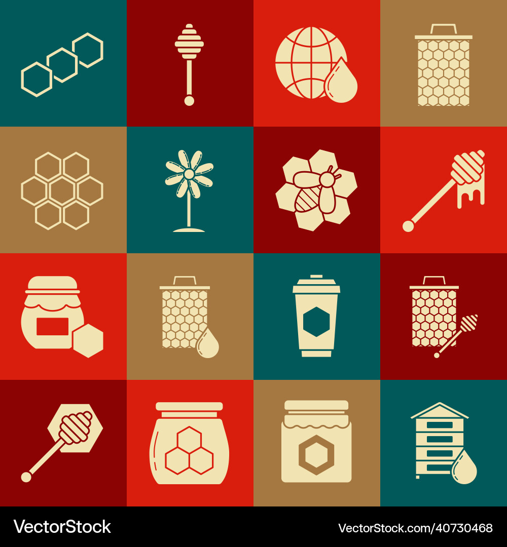 Set hive for bees honeycomb with honey dipper Vector Image