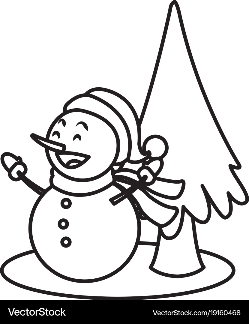 Snowman and tree christmas cartoon Royalty Free Vector Image
