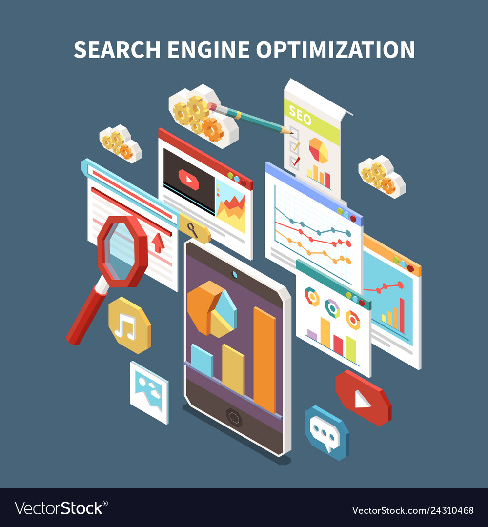 Web seo isometric composition Royalty Free Vector Image Web seo isometric composition Royalty Free Vector Image