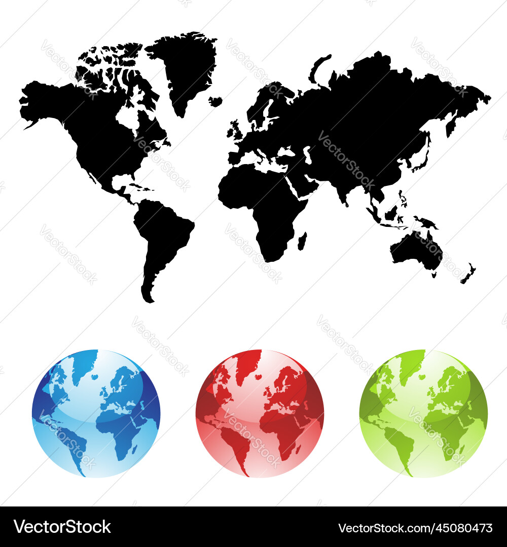 Black world map and colorful globes Royalty Free Vector