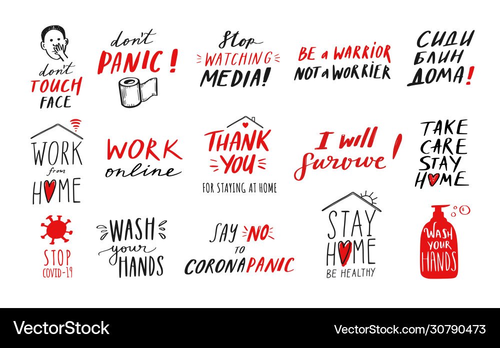 Coronavirus covid19-19 hand drawn quotes set Vector Image