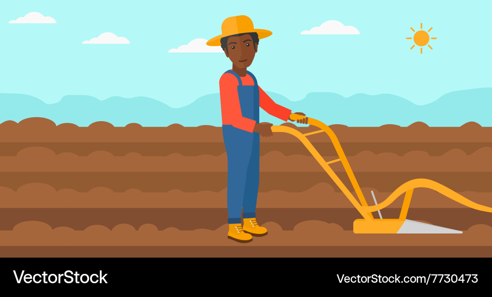 Farmer on the field with plough Royalty Free Vector Image