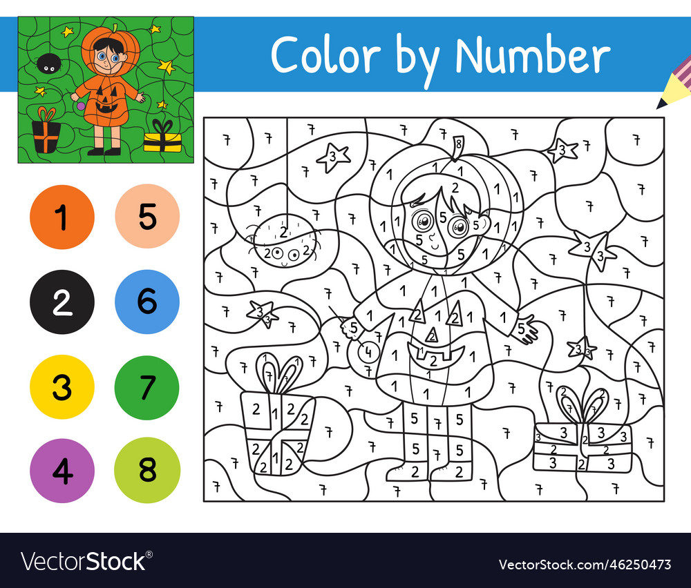 Halloween in pumpkin costume color by number Vector Image