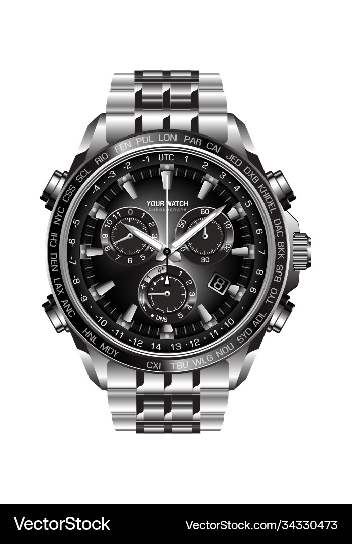 Realistic silver black steel clock watch Vector Image