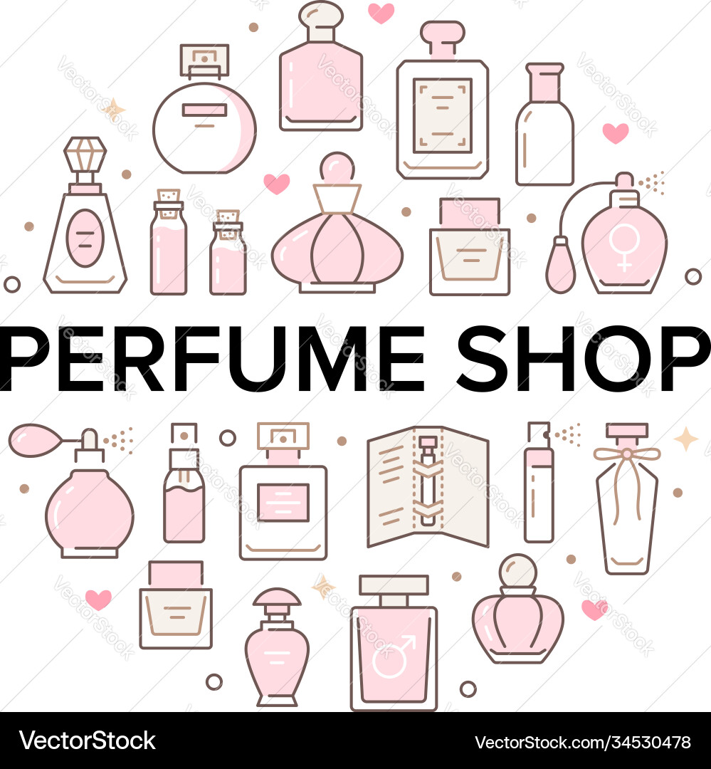 Perfume bottles circle poster with line icons Vector Image