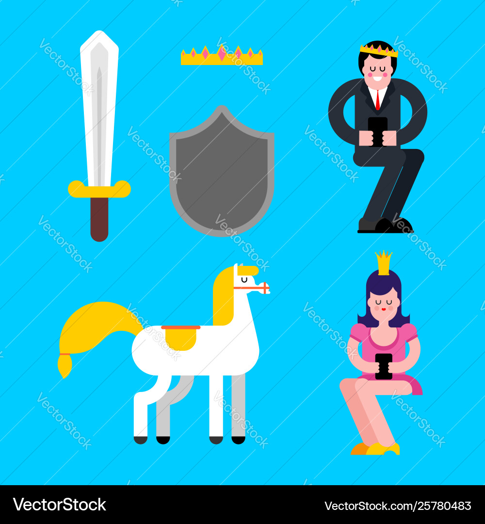 Prince and princess set shield sword crown Vector Image