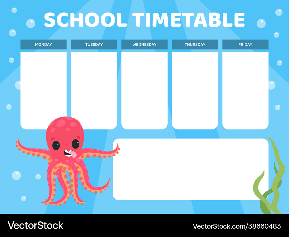 School timetable with cute funny pink octopus Vector Image
