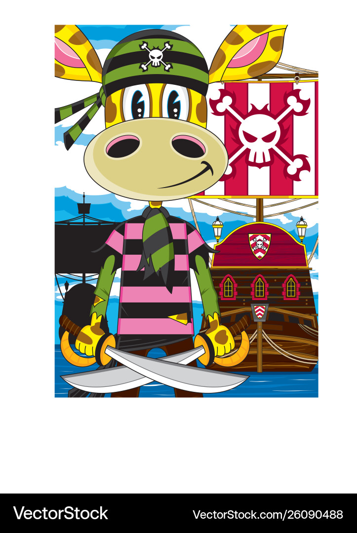 Cute cartoon giraffe pirate and ship Royalty Free Vector
