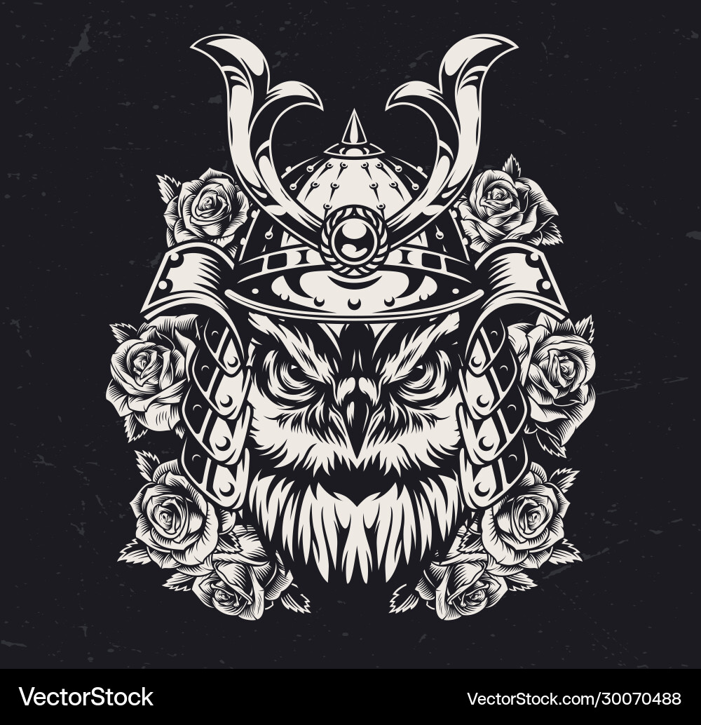 Vintage monochrome owl samurai concept Royalty Free Vector