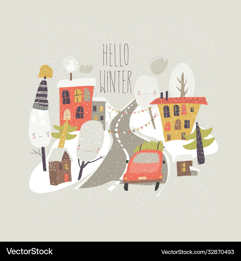 Car is driving on road through small town Vector Image