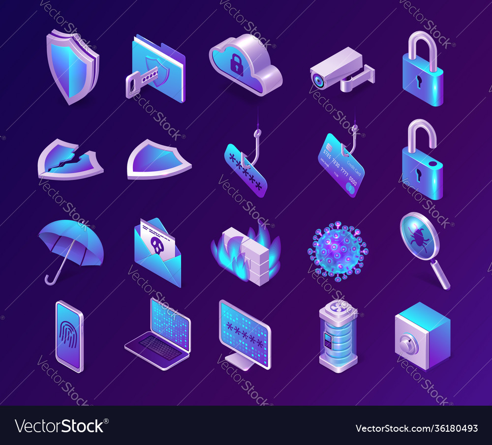 Computer security isometric 3d icons set Vector Image