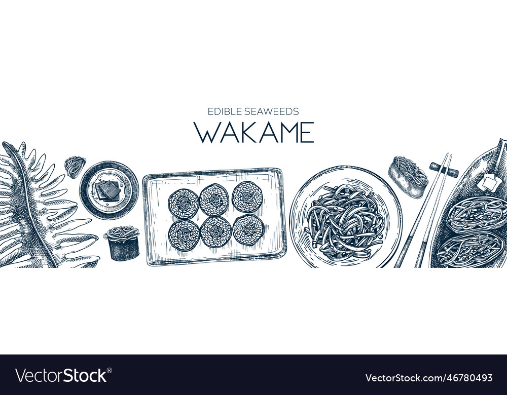 Edible seaweed background hand-drawn wakame algae Vector Image Edible seaweed background hand-drawn wakame algae Vector Image