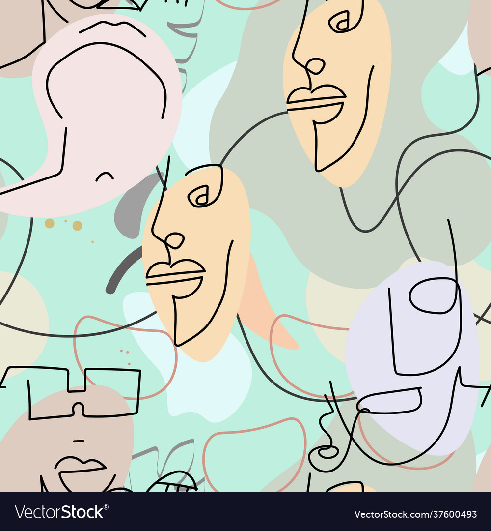 One Line Drawing Abstract Face Seamless Pattern Vector Image