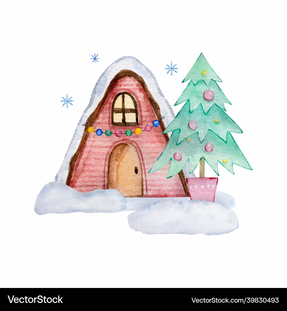 Watercolor christmas with house and tree Vector Image
