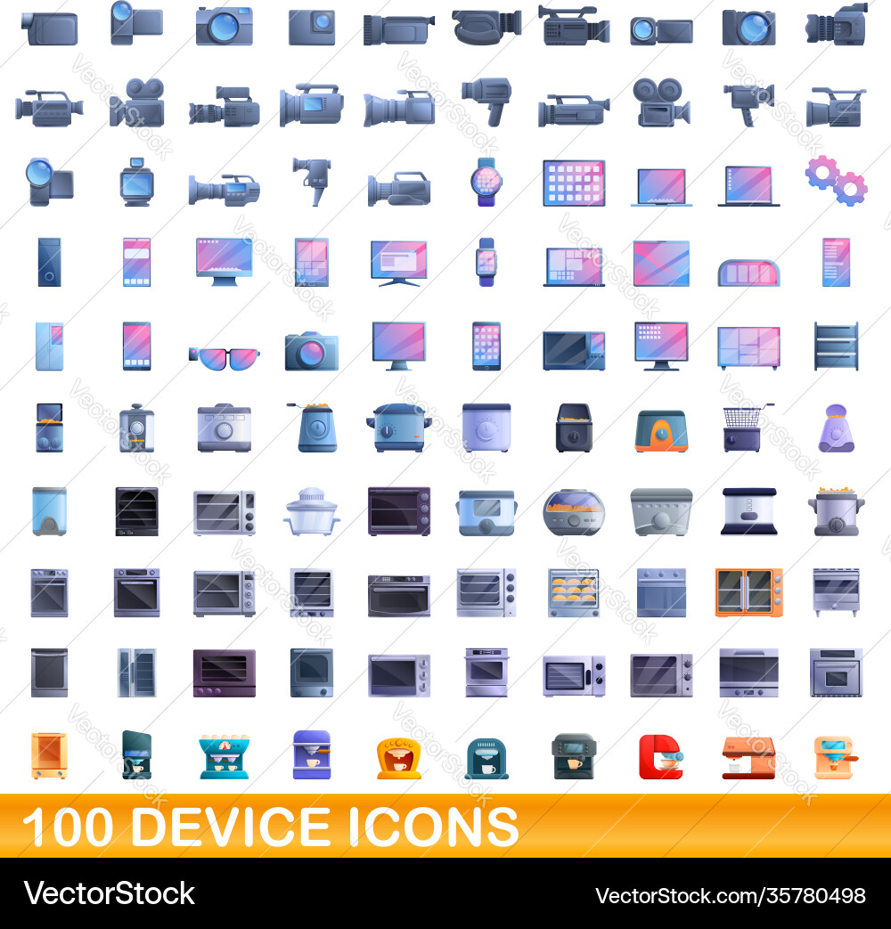 100 device icons set cartoon style Royalty Free Vector Image