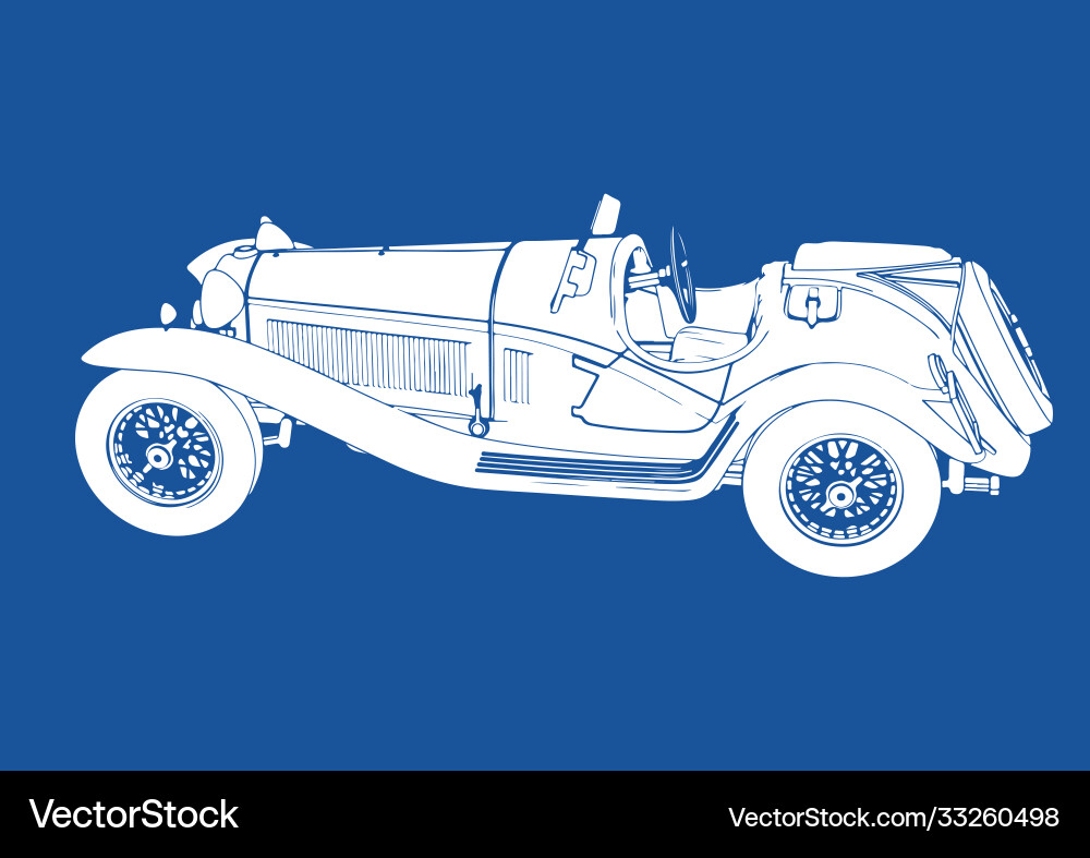 Drawing a retro car in white on blue Royalty Free Vector