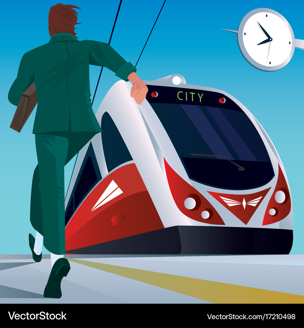 Man at railway station running to train Royalty Free Vector