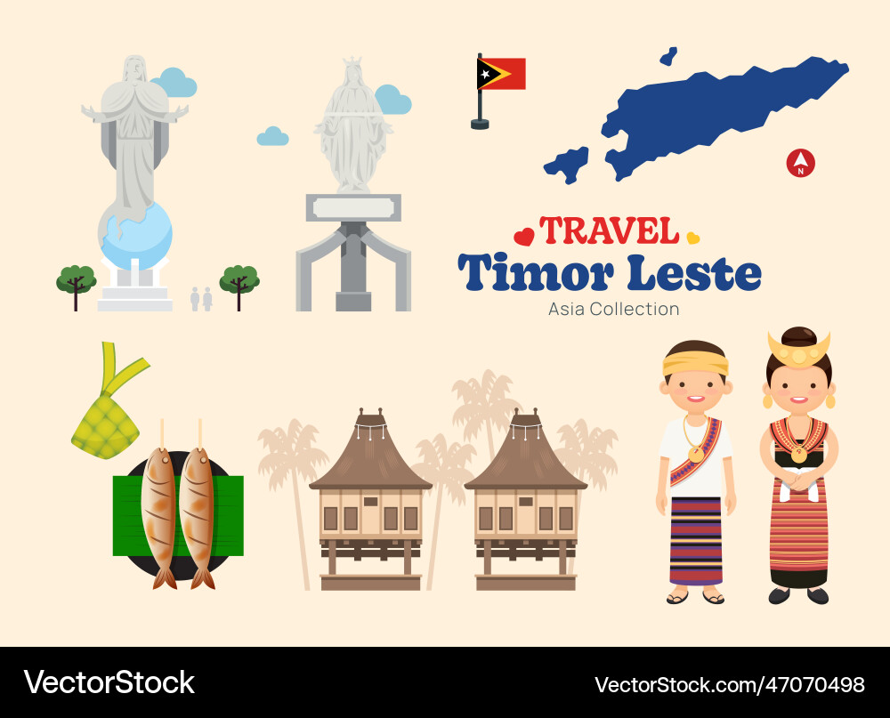 Travel timor leste flat icons set Royalty Free Vector Image