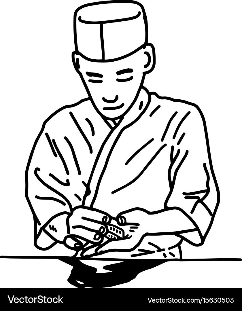Asian chef making sushi at the restaurant Vector Image