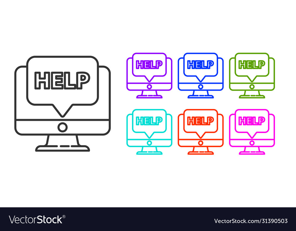 Black line computer monitor and help icon isolated