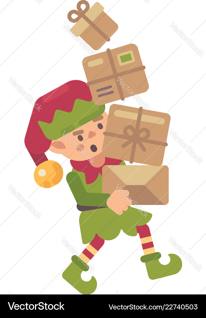 Cute busy christmas elf carrying parcels Vector Image